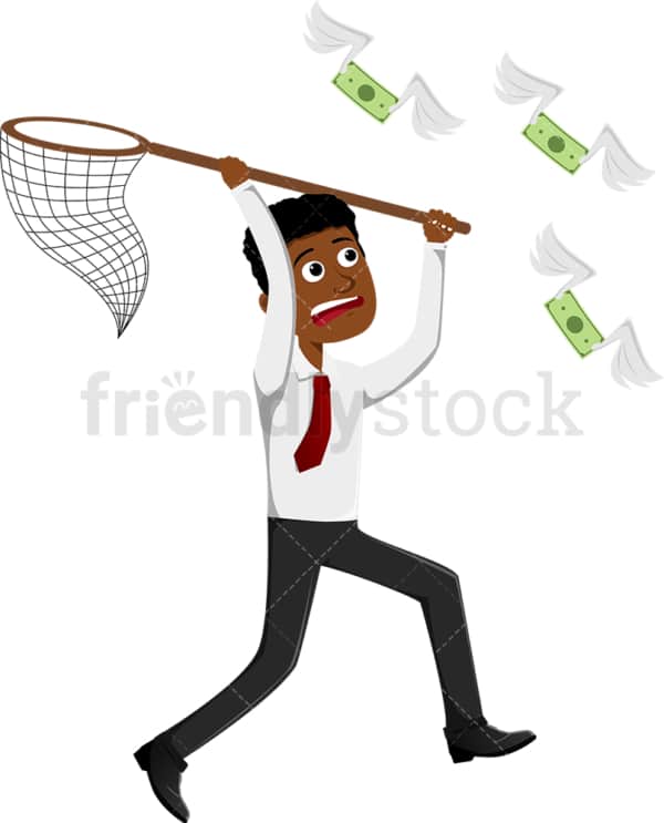 Black Man Running After Flying Money Vector Cartoon Clipart - FriendlyStock