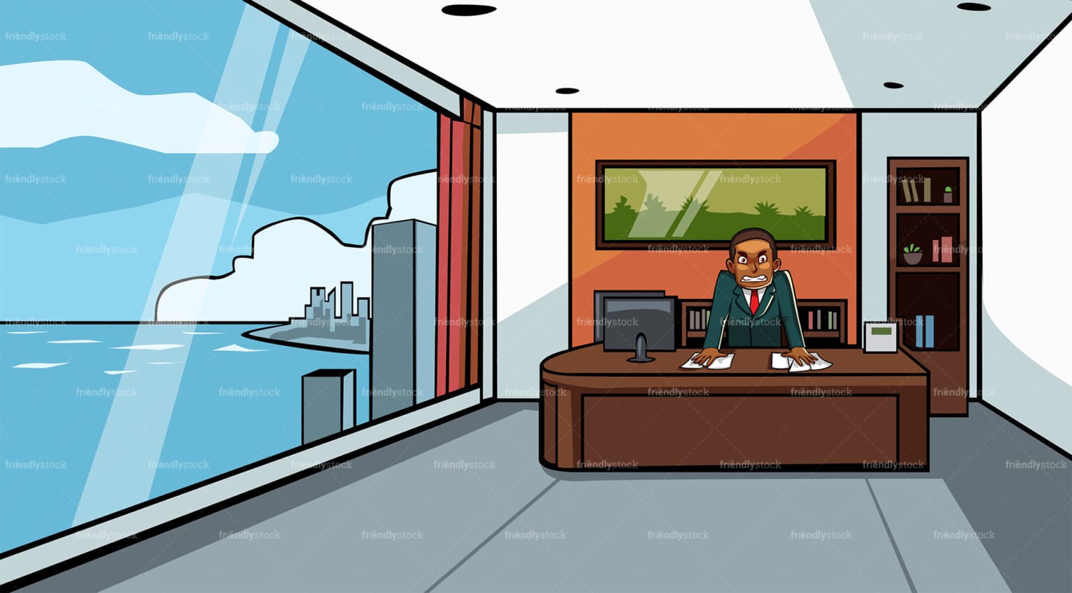 Furious Black Businessman At The Office Cartoon Scene - FriendlyStock