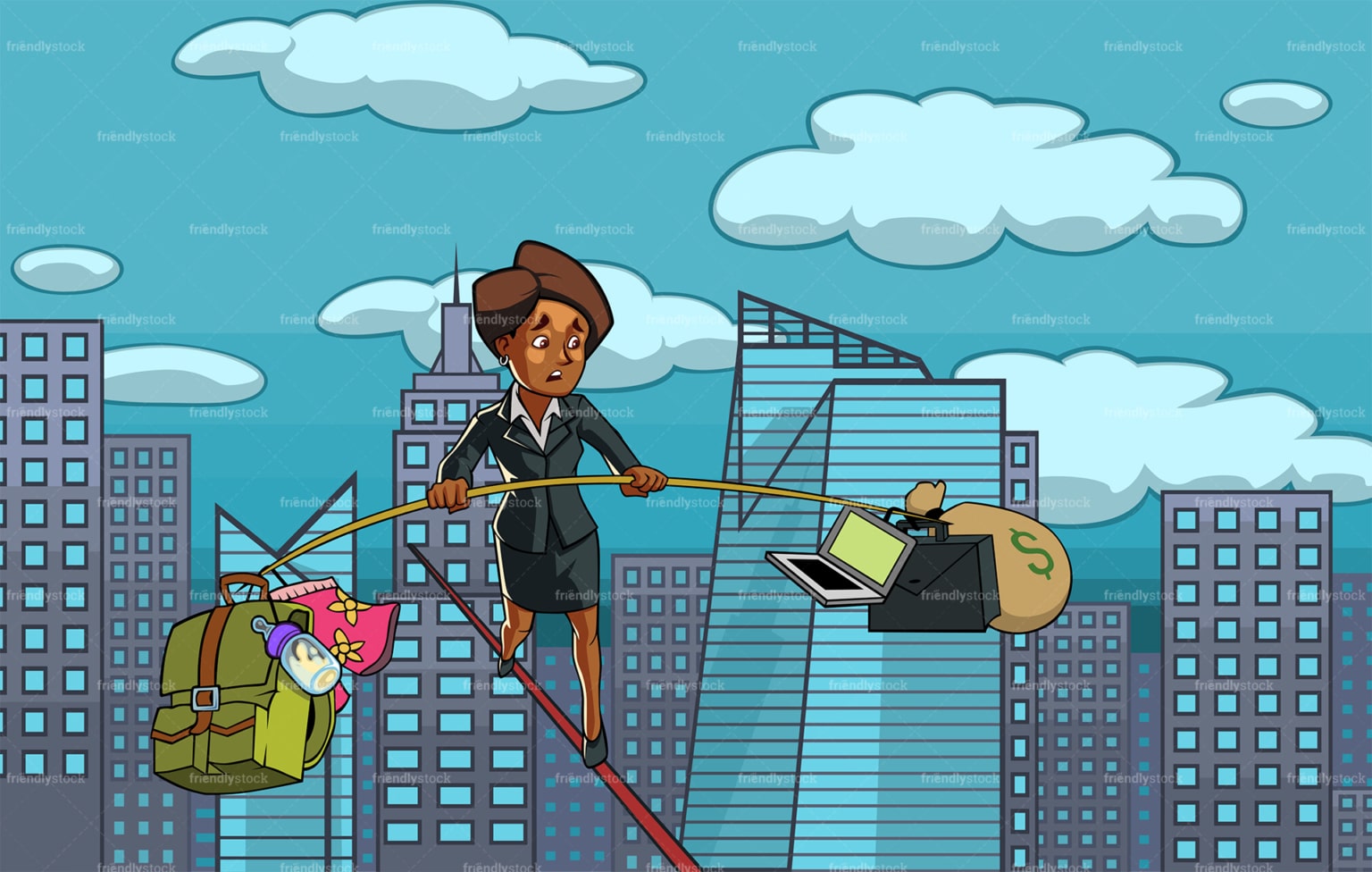 Black Woman Balancing Work And Family Cartoon Scene - FriendlyStock