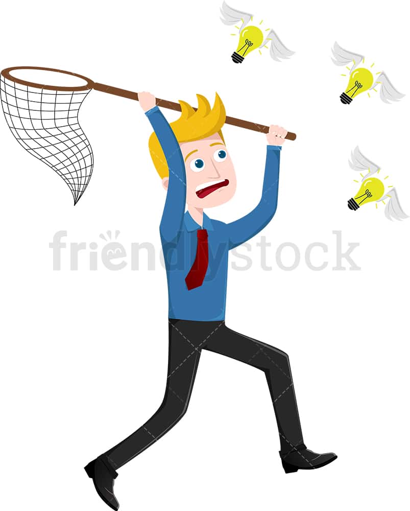 Businessman Chasing Down Ideas Flying Away Cartoon - FriendlyStock