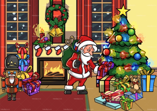 Santa Claus In A House During Christmas Cartoon Scene - FriendlyStock