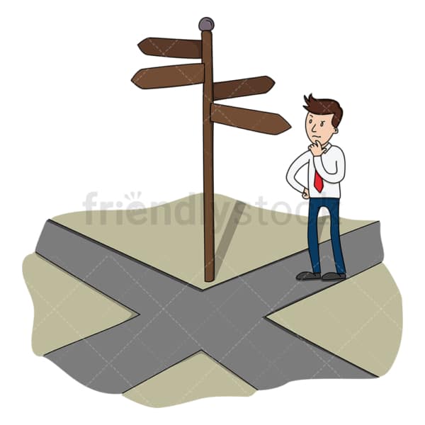 Businessman At Crossroads Decision Making Cartoon Clipart - FriendlyStock