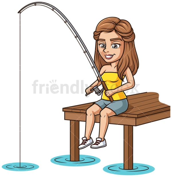 Woman Fishing From A Dock Cartoon Clipart Vector - FriendlyStock