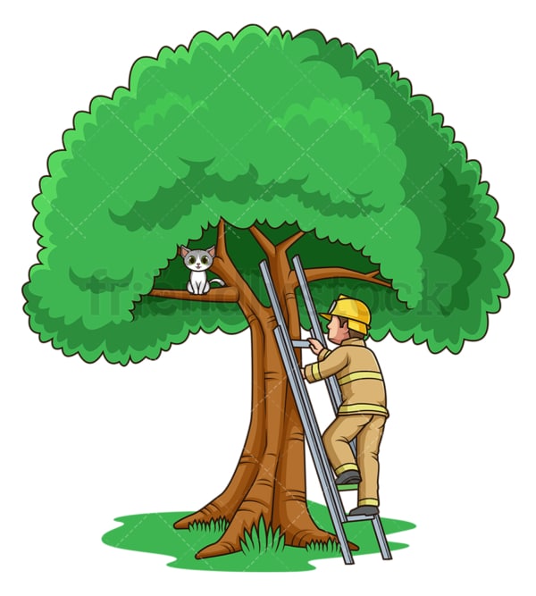 Firefighter Saving Cat On Tree Cartoon Vector Clipart - FriendlyStock