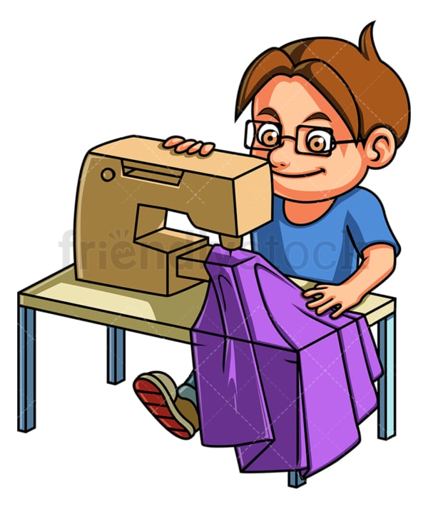 Boy Using Sewing Machine Cartoon Clipart Vector - FriendlyStock