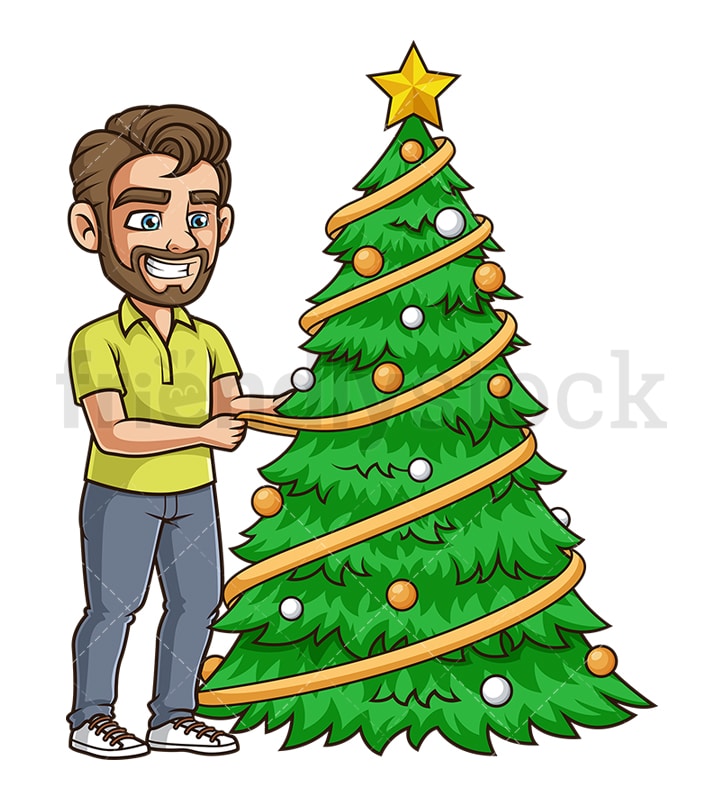 Dude Decorating Christmas Tree Cartoon Clipart Vector - FriendlyStock