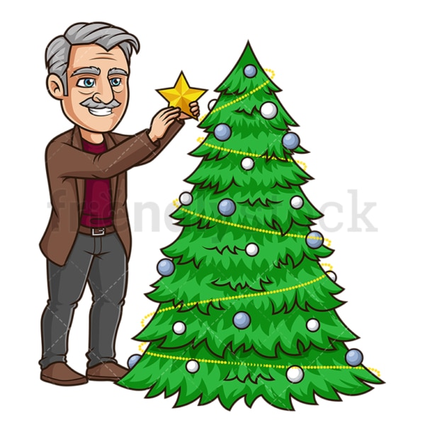Old Man Decorating Christmas Tree Cartoon Clipart Vector - FriendlyStock