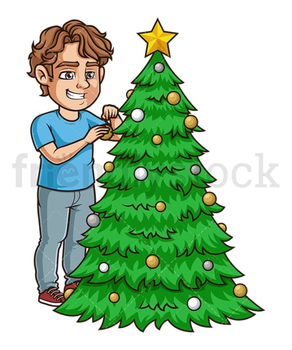 Young Man Decorating Xmas Tree Cartoon Clipart Vector - FriendlyStock