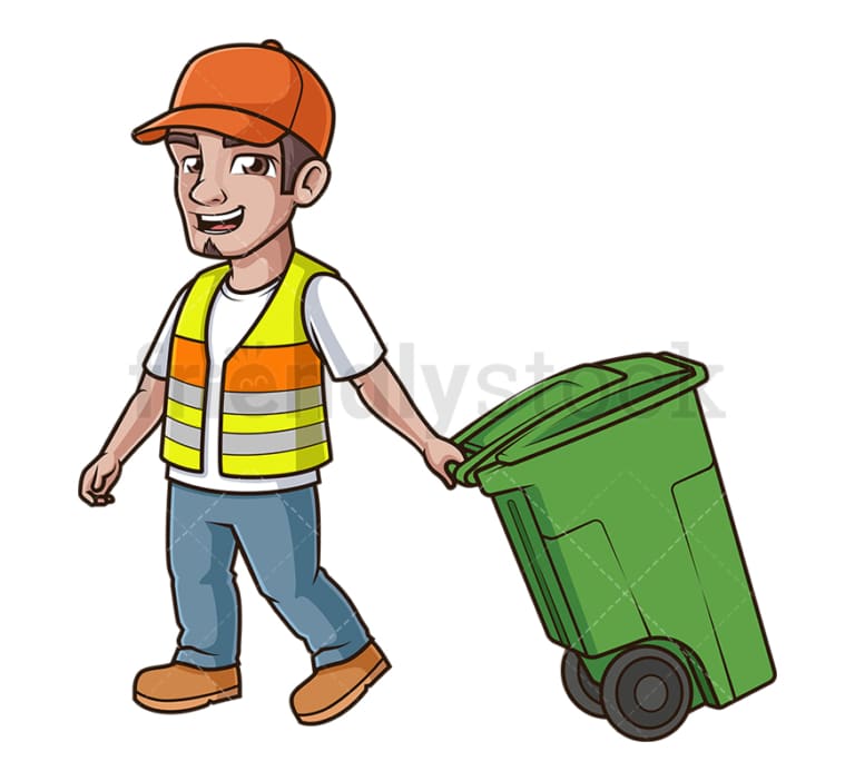 Dustman Unloading Trash Bin Garbage Truck Cartoon Clipart Vector ...