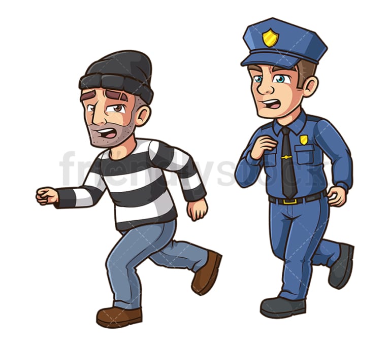 Policeman Chasing Thief Cartoon Clipart Vector - FriendlyStock