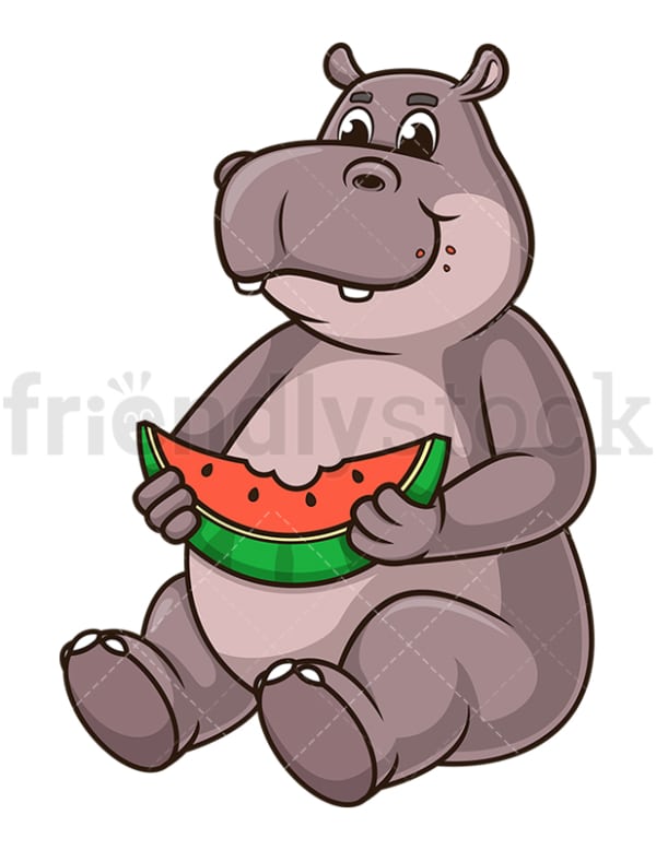 Hippo Eating Watermelon Cartoon Clipart Vector - FriendlyStock