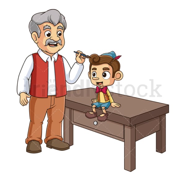 Geppetto Making Pinocchio Cartoon Clipart Vector - FriendlyStock