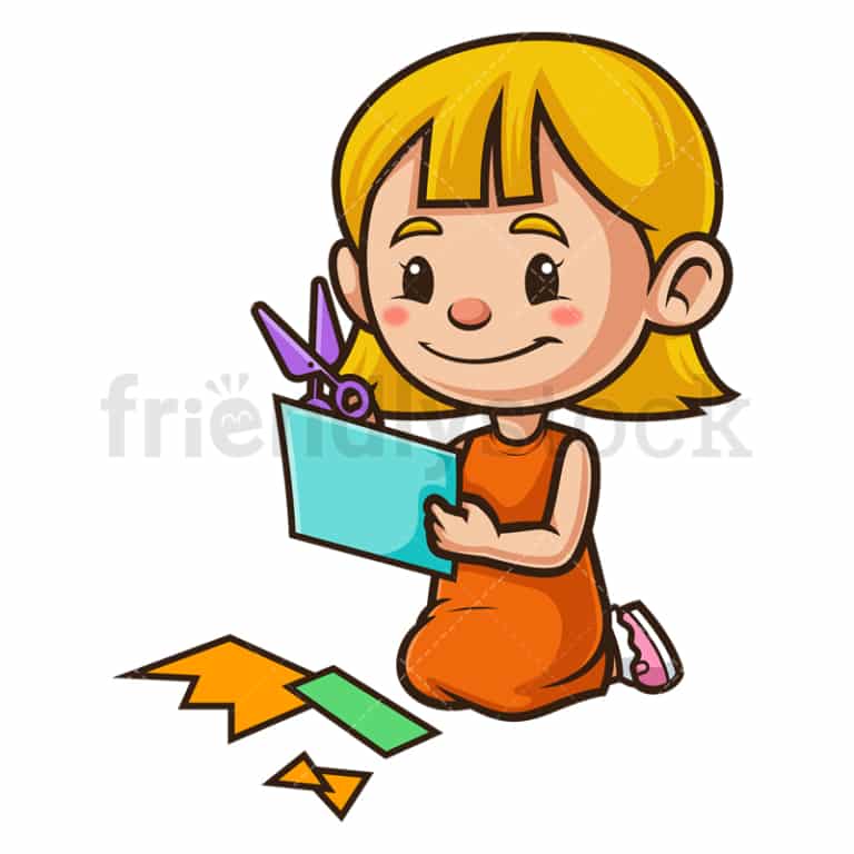 Girl Cutting Paper Cartoon Clipart Vector - FriendlyStock
