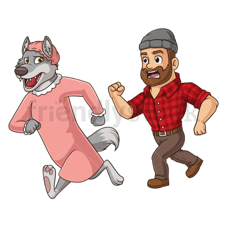 Woodsman Chasing The Bad Wolf Cartoon Clipart Vector - FriendlyStock
