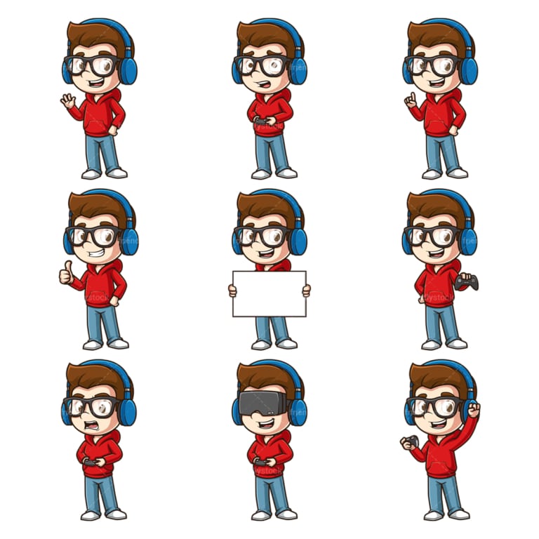 Cartoon Male Gamer Character Clipart Vector Collection - FriendlyStock