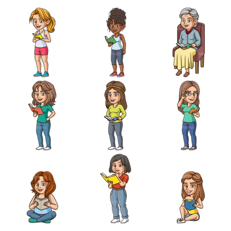 Cartoon Women Reading Books Clipart Vector Collection - FriendlyStock