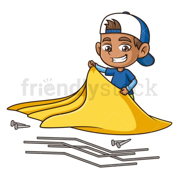 Hispanic Boy Setting Up Camping Tent Cartoon Clipart Vector - FriendlyStock