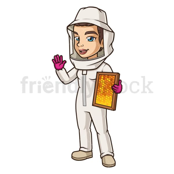 Woman Beekeeper Waving Cartoon Clipart Vector - FriendlyStock