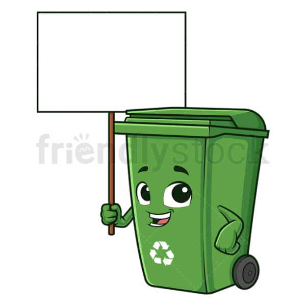 Trash Bin Holding Blank Sign Cartoon Clipart Vector - FriendlyStock