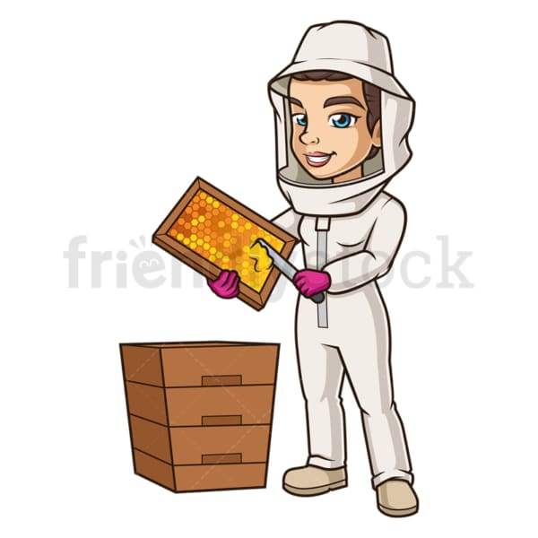 Female Beekeeper Scraping Honeycomb Cartoon Clipart Vector - FriendlyStock