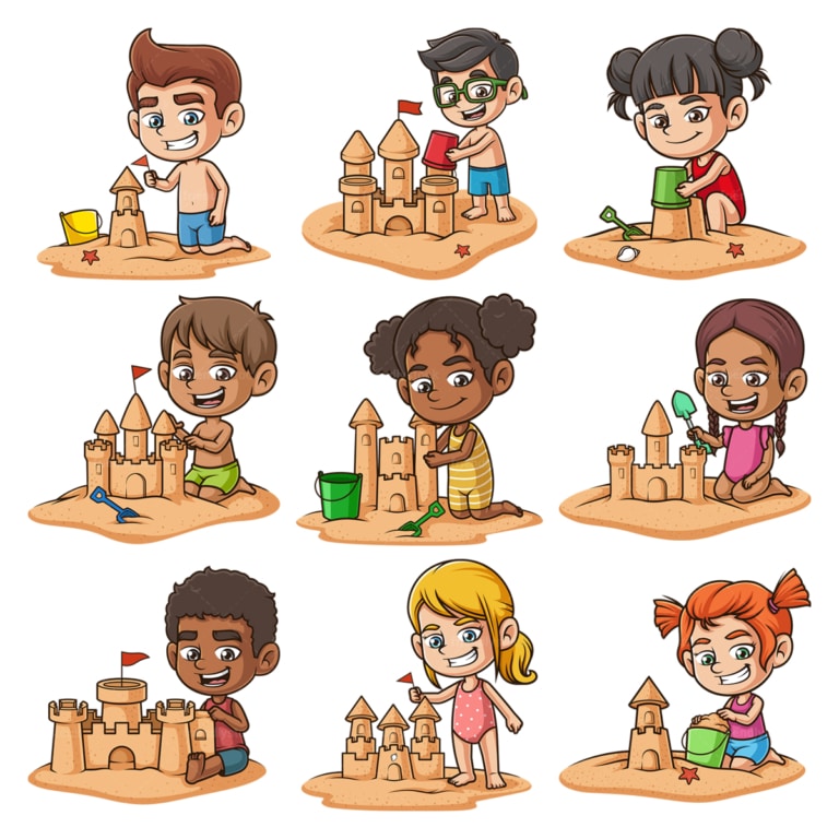 Cartoon Kid Building Sandcastle Vector Clip Art Image - FriendlyStock