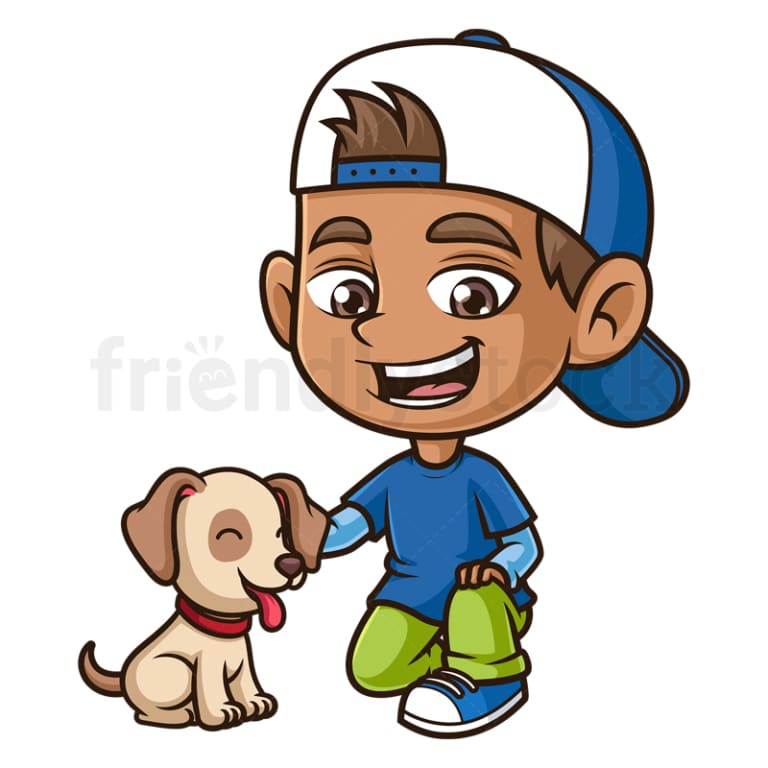 Hispanic Boy Petting Dog Cartoon Vector Clipart Image - FriendlyStock