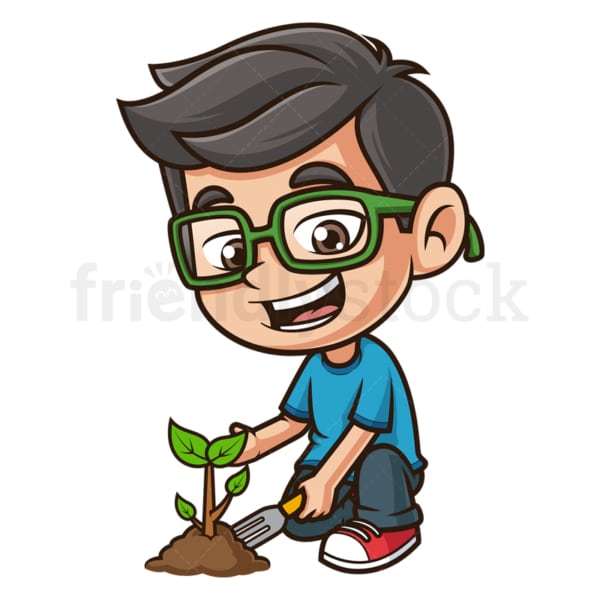 Cartoon Boy Planting Tree Vector Clip Art Illustration - FriendlyStock