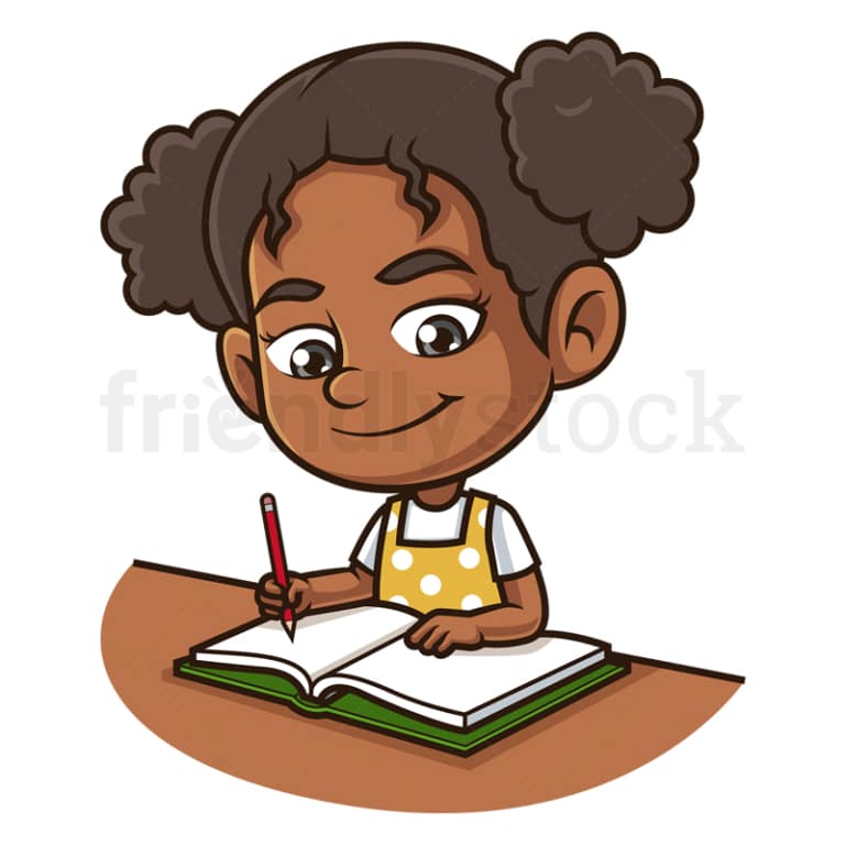 Black Girl Doing Homework Cartoon Clipart Vector - FriendlyStock