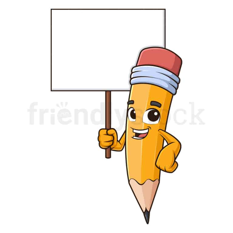 Cartoon Pencil Holding Blank Sign Vector Clipart - FriendlyStock