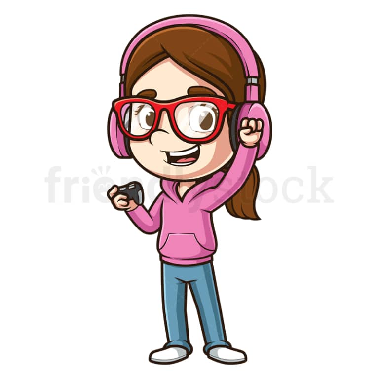 Cartoon Winning Girl Gamer Cheering Vector Clipart - FriendlyStock