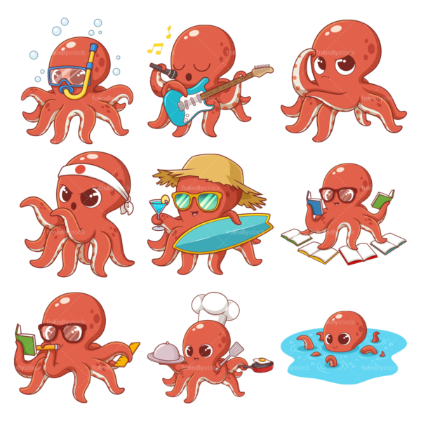 Cartoon Red Octopus Vector Graphics Bundle - FriendlyStock