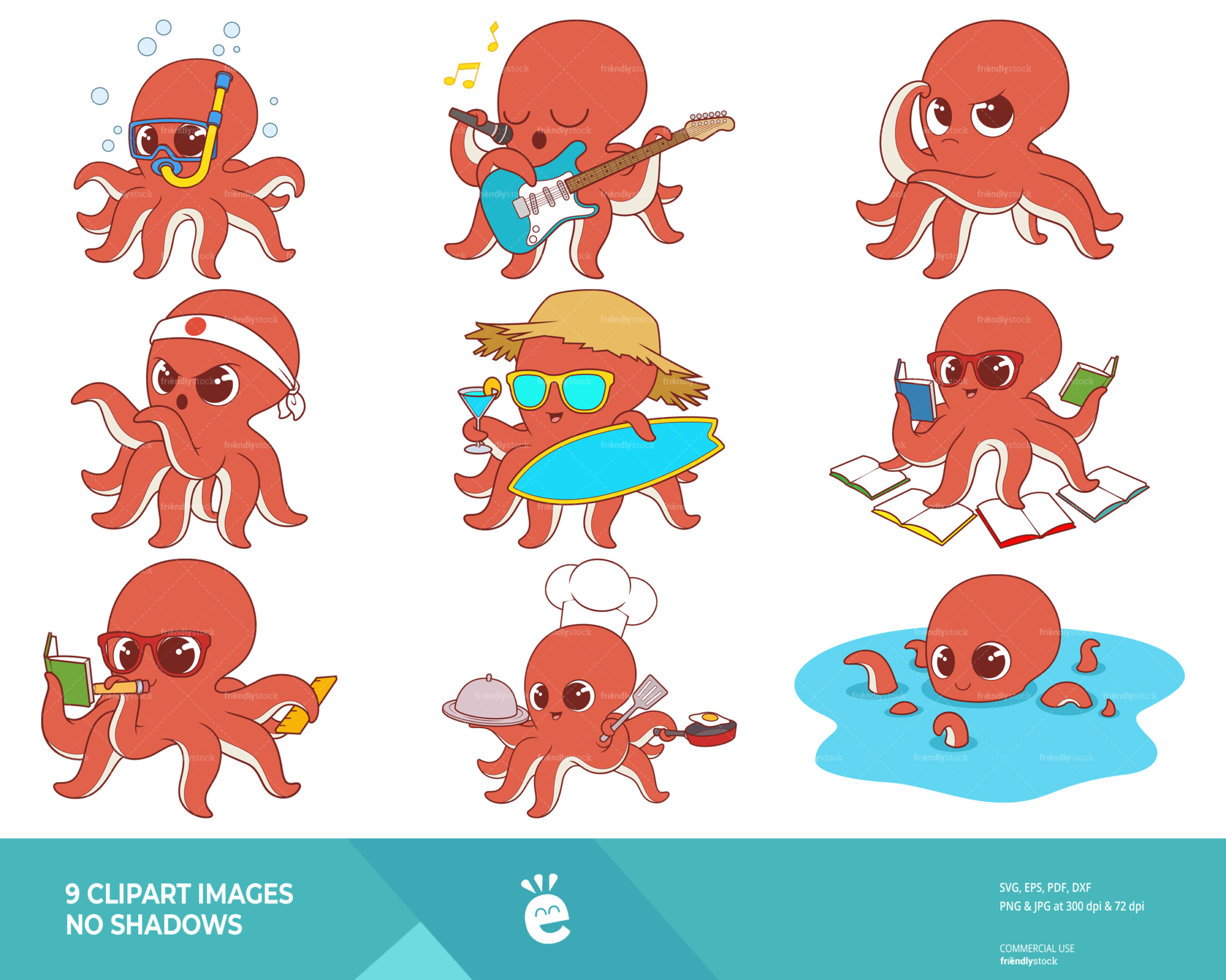Cartoon Red Octopus Vector Graphics Bundle - FriendlyStock