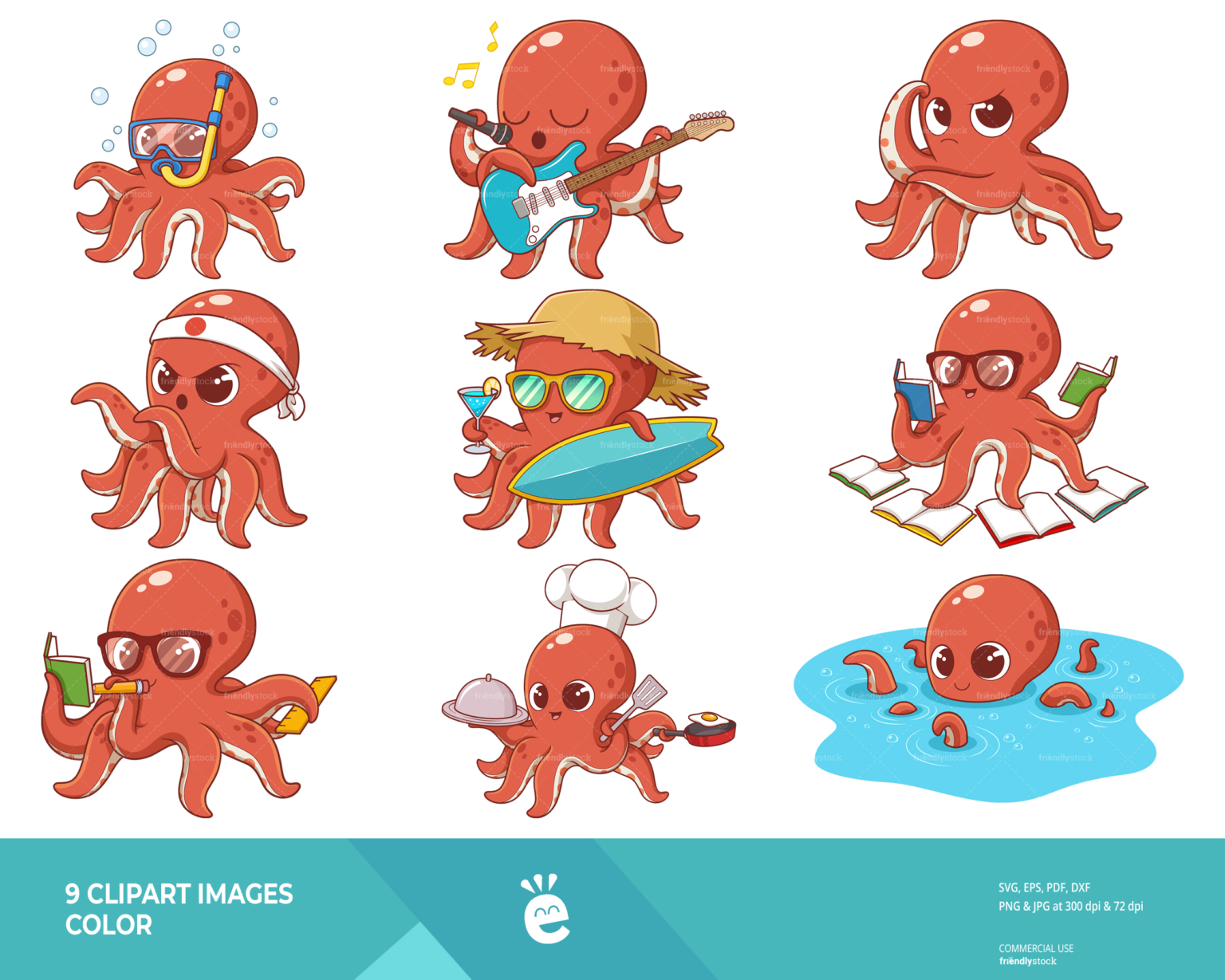 Cartoon Red Octopus Vector Graphics Bundle - FriendlyStock