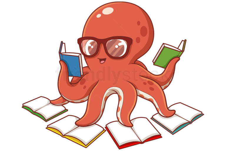 Cartoon Octopus Reading Books Vector Clip Art Graphic - FriendlyStock