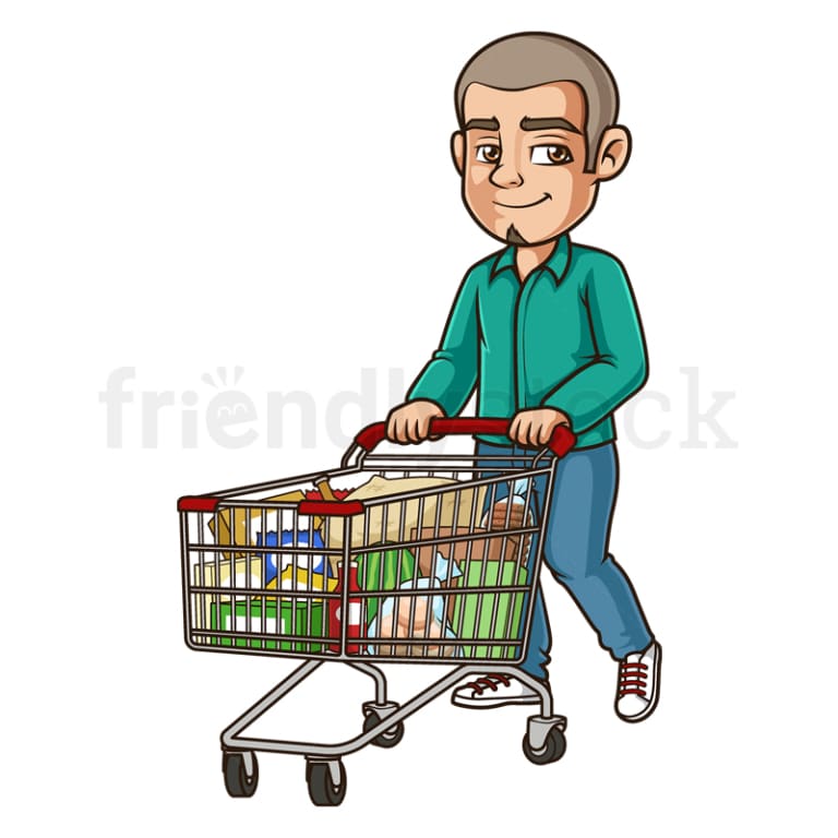 Latino Man Shopping Cart Cartoon Clipart Vector Image - FriendlyStock