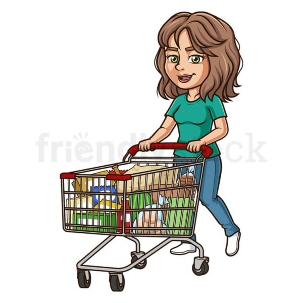 Latino Woman Shopping Cart Cartoon Clipart Vector Image - FriendlyStock