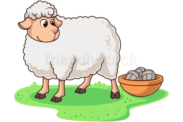 Cartoon Sheep Next To Basket Of Wool Vector Clip Art - FriendlyStock
