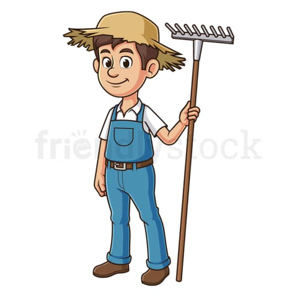 Cartoon Farmer Holding Rake Illustration Vector Clip Art - FriendlyStock