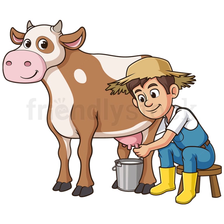 Cartoon Farmer Milking Cow Illustration Vector Clip Art - FriendlyStock