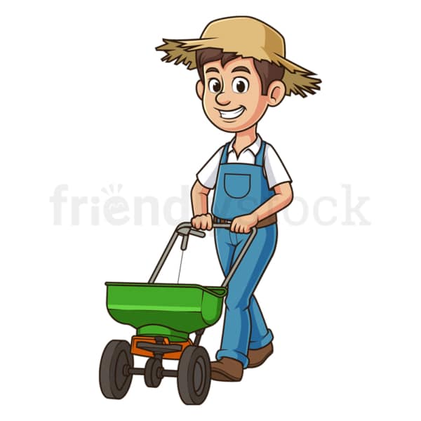 Cartoon Man Using Fertilizer Spreader Vector Clip Art - FriendlyStock