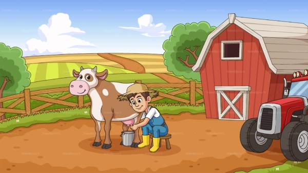 Farmer Milking Cow Near Barn Cartoon Illustration - FriendlyStock