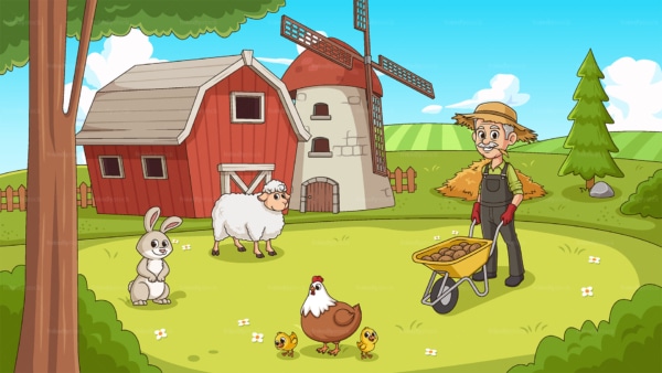 Old Farmer With Animals In His Farm Cartoon Illustration - FriendlyStock