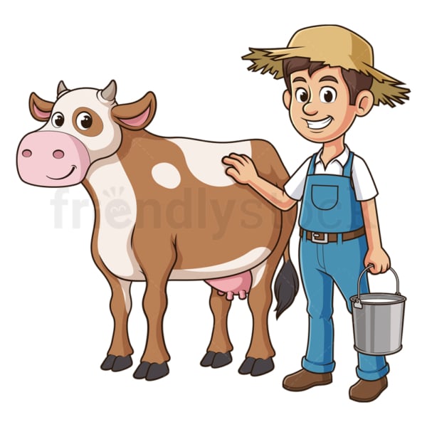 Cartoon Farmer With His Cow Vector Clipart Graphic - FriendlyStock