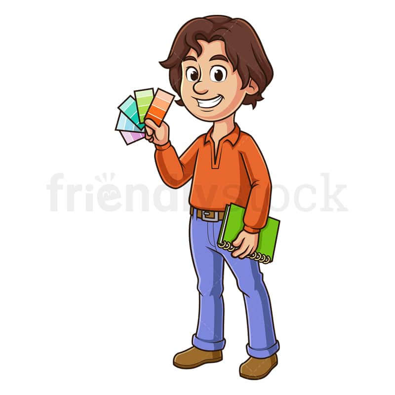 Cartoon Designer Holding Color Decks Vector Clipart Graphic - FriendlyStock