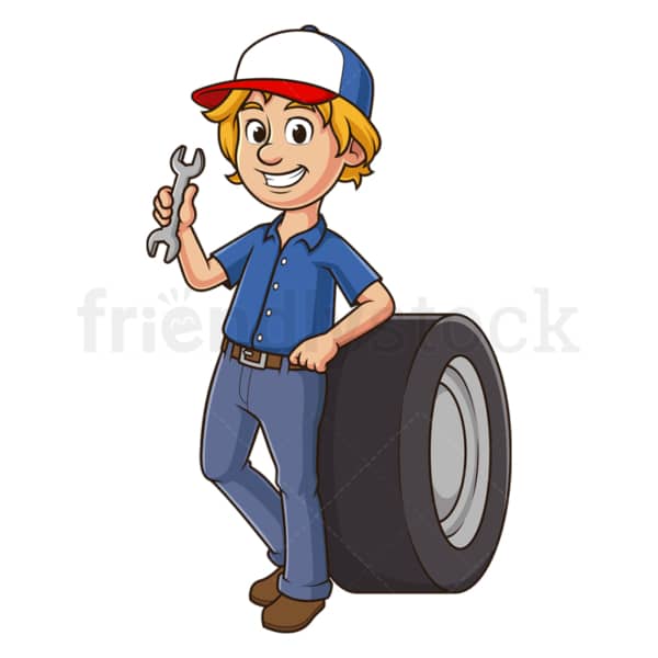 Cartoon Mechanic Holding Tools Vector Clipart Graphic - FriendlyStock