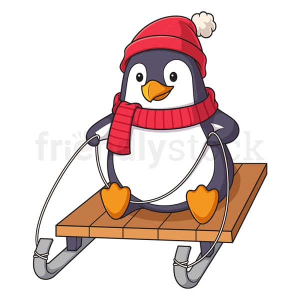 Cartoon Winter Penguin Riding Sleigh Vector Clip Art Image - FriendlyStock