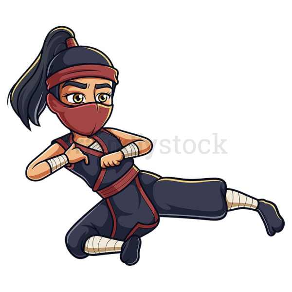 Female Ninja Flying Kick Cartoon Clipart Vector - FriendlyStock